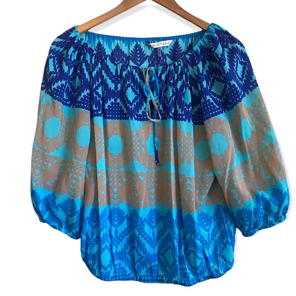 Trina Turk | Tops | Trina Turk Bright Blue Grey Silk Smooth Patterned ...